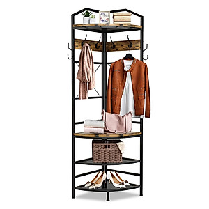Recaceik Corner Hall Tree Coat Rack with 6 Double Hooks, Wood Home Organizer Shoe Bench Shelf for Entryway, Hallway, Closet, Rustic Brown