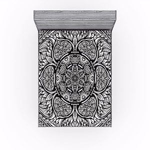 Ambesonne Ethnic Fitted Sheet, Mandala Inspired Art Hand Drawn Paisley Pattern Boho Native, Bed Cover with All-Round Elastic Deep Pocket for Comfort, King Size, Black and White