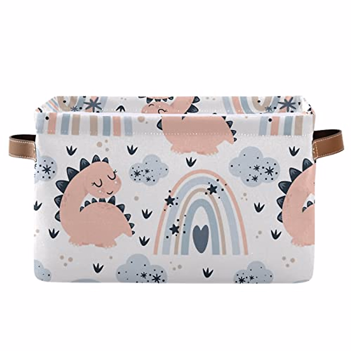 Pink Dinosaur Storage Basket Set of 2 Large Fabric Rainbow Storage Basket Bins Box Cube with Handles Collapsible Closet Shelf Clothes Organizer Basket for Nursery Bedroom