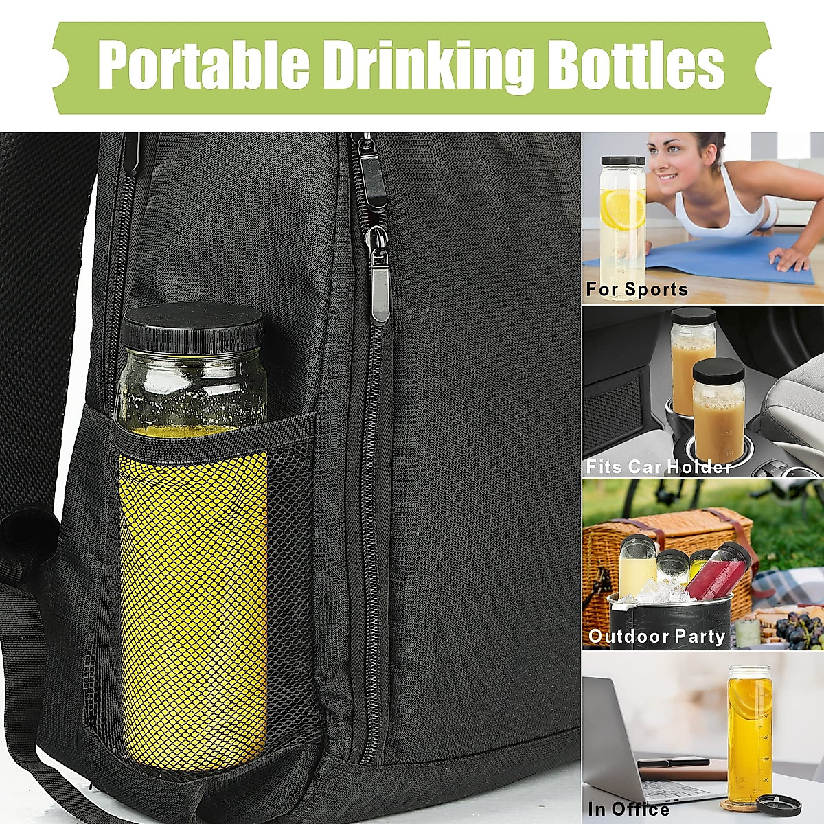 Huichuiero [6 Pack] 20 Oz Glass Juicing Bottles w Airtight Lids - Reusable Drinking Jars w Scale Marker, Travel Water Cups - Tall Mason Jar for Kombucha, Vanilla Extract(Extra 2 Lids)