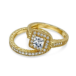 Bling Jewelry Gold Plated Silver Princess CZ Engagement Wedding Ring Set (6)