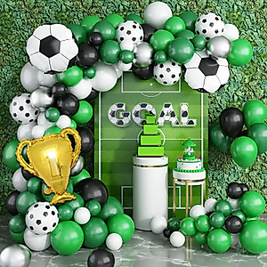 Soccer Balloon Arch Kit Boys, Green Balloon Arch Kit with Football Trophy Balloons Dark Green Black White Latex Balloons Metallic Silver Balloons for Baby Shower Birthday Soccer Party Decorations