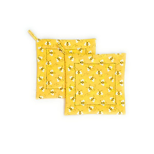 Honey Bumble Bees Black and White on Yellow Ties On Stays Put Kitchen Hanging Loop Hand Dish Kitchen Towel and Set of 2 Square Hot Pads Pot Pan Plate Holders Trivets Hostess Housewarming Gift