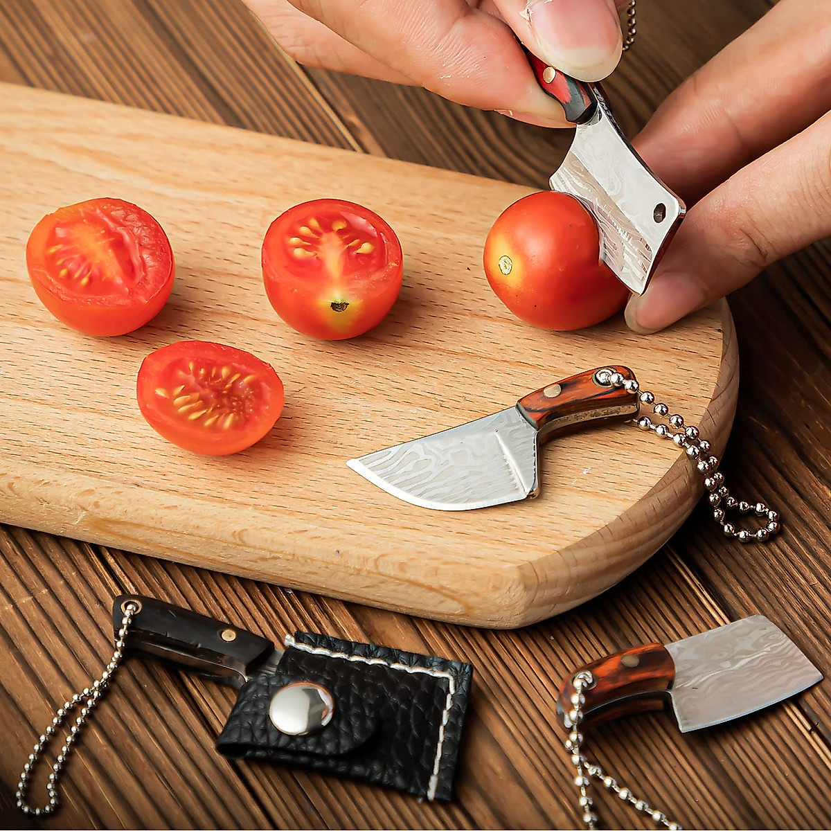 MGZTTHW Mini Pocket Chef Knife Set, 5pcs Tiny Knife Keychain - Portable Tiny Pocket knife with Sheath for Pendant Decoration Outdoor Camping Box Cutter Happy Mother’s Father’s Day Gifts