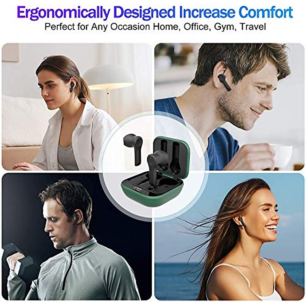 Smart-life TWS BT 5.0 Headphones with Charging Case, Touch Control Waterproof Sports Earphone with Mic Stereo Bluetooth Headset Type-C Charging 24H Playback for Home,Office (Green)