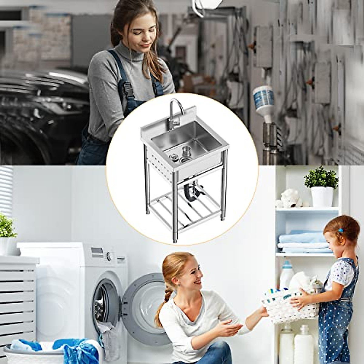 KENPIKO Utility Sink,Stainless Steel Sink,Outdoor Sink,Camping Sink,Laundry Room,Backyard, Garages,Free Standing Sink for Indoor Outdoor, with Storage Shelves&Drainer Unit Faucet Combo with Strainer