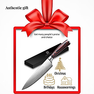 HIPERMAX Damascus 8 inch professional and household chef's knife made of sharpened stainless steel with high carbon content and ergonomic pakka wood handle for cutting food, luxury gift case