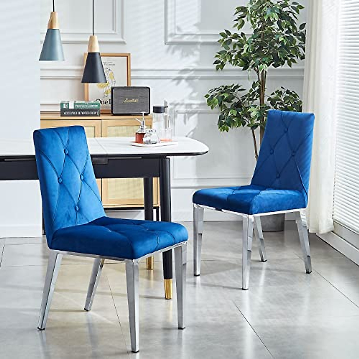 Ufurpie Dining Room Chairs with Velvet Fabric Dining Chairs Set of 2 with Chrome Legs,Backrest and Button Velvet Fabric Design,Luxury Home Furniture for Dining Room and Kitchen(Set of 2) (Blue)