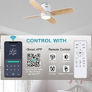 Ohniyou Ceiling Fan with Lights - 38'' Small Low Profile Ceiling Fans Remote & APP Control - Dimmable Indoor Outdoor Quiet DC Flush Mount Ceiling Fan for Patio Kitchen Dining Room Bedroom(White)