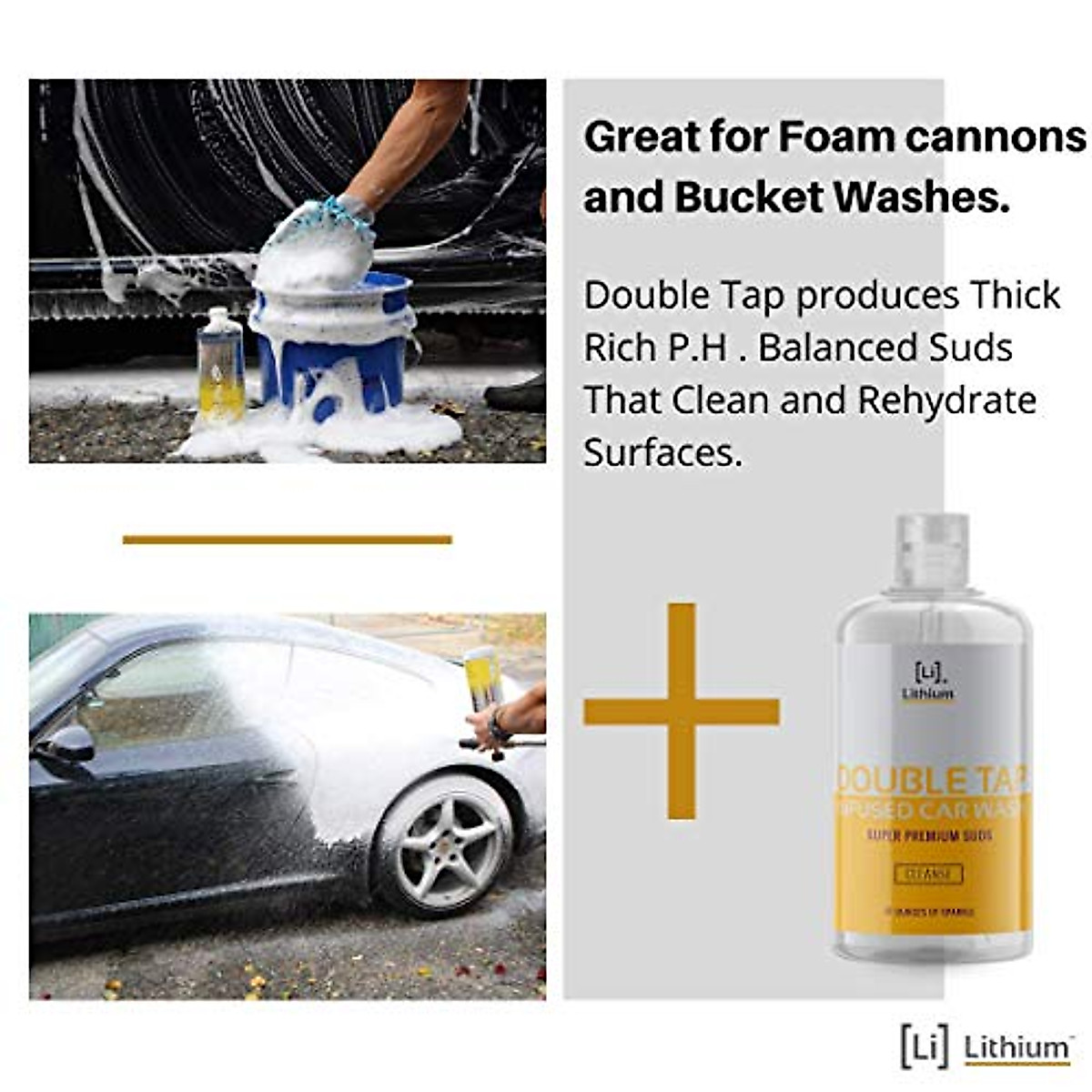 Lithium Double Tap Car Wash Shampoo is An Extremely Unique Blend of PH Balanced Cleaning Soap, Essential Oils, and Eucalyptus. A Combination That Lubricates, While It Cleans and Rehydrates, your Paint With Every Wash. Incredible With 5 Gallon Buckets, Pre