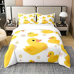 Erosebridal Cartoon Duck 100% Cotton Duvet Cover for Kids Boys Girls,Lovely Yellow Duck Bedding Set,Cute Hand Drawn Duck Comforter Cover Twin,Lovely Farmhouse Animal Bed Sets with 1 Pillowcase