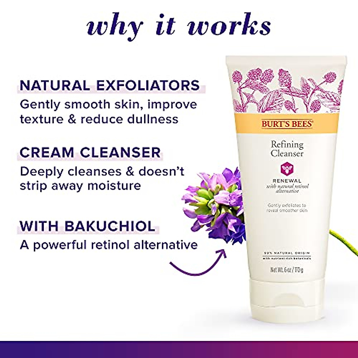 Face Cleanser, Burt's Bees Retinol Alternative, Refining Facial Wash, All Natural, Anti-Aging Skin Care, 6 Ounce (Packaging May Vary)