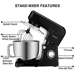 ROVSUN 7.5 Quart Stand Mixer, 660W 6-Speed Electric Tilt-Head Kitchen Food Mixer with Stainless Steel Bowl, Dough Hook, Beater, Whisk (Black)