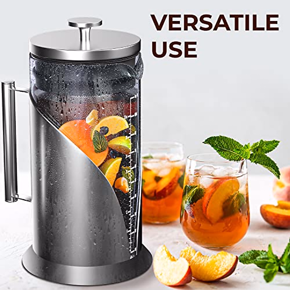 Cafe Du Chateau Start Brewing Perfect Iced Coffee & Tea w/Our Cold Brew Coffee Maker, Pitcher for Fridge (34oz) - Air Tight Seal, Measuring Label - Stainless Steel Iced Coffee Maker Machine, Brewer