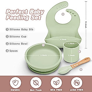 Baby Feeding Set, BPA free, Food Grade Silicone Dinner Plate and Cutlery Set, Learn To Eat on Your Own, Set Includes Suction Cup Bowl, Spoon, Bib and Cup (Fruit Green)