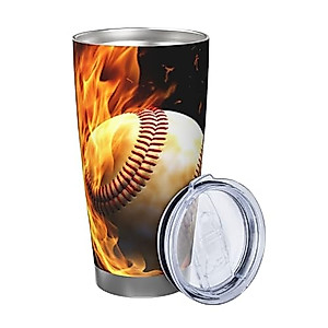 Fire Baseball Tumbler with Lid and Straw 20oz Stainless Steel Car Cup for Hot and Cold Drinks, Double Wall Insulated Travel Coffee Mug Reusable Drink Thermos Cup Birthday Gifts