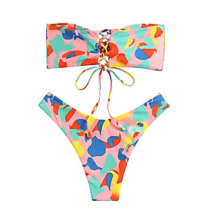 ZAFUL Knotted Bandeau Bikini for Women Strapless Swimsuits High Cut Bathing Suit Sexy 2 Piece Swimwear Pink Print M