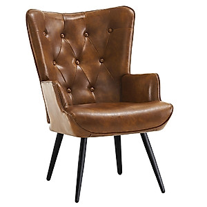 Furniliving PU Leather Accent Chair for Living Room, Upholstered Reading Chair with High Backrest, Tufted-Button Wingback Armchair for Bedroom, Dressing Room, Home Office, Brown