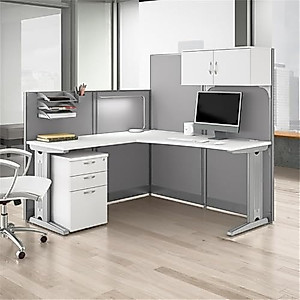 Bush Business Furniture Office in an Hour 65W L Shaped Cubicle Desk with Storage, Drawers, and Organizers in Pure White Modern Computer Table Set with Privacy Panels for Commercial Workspace
