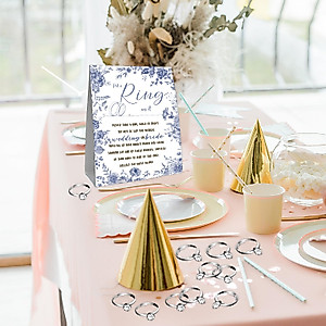 Guawubiang Bridal Shower Ring Game Card Set, 51Pcs Put a Ring on it Game Sign, Includes Ring Table Card and 50 Mini Silver Rings, Purple Floral Decoration Bridal Shower Party Supplies