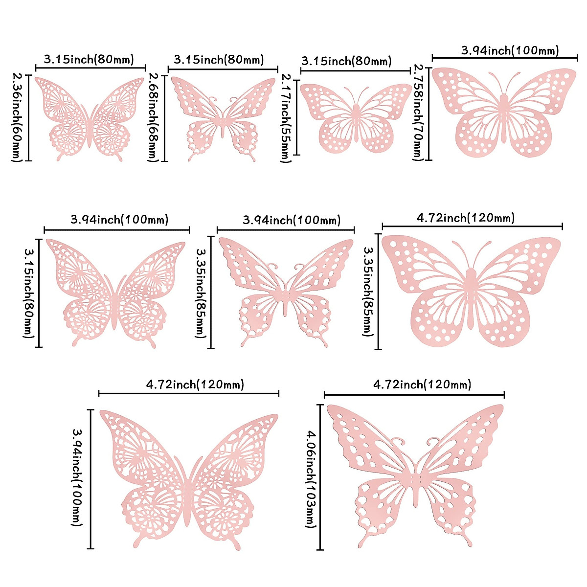 Gyufise 36 Pack Rose Gold Glitter 3D Butterfly Cupcake Toppers Hollow Butterfly Cake Decorations for Birthday Wedding Fairy Party Butterfly Wall Sticker Decal for Background Wall Decoration