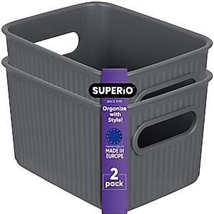 Superio Ribbed Collection - Decorative Plastic Open Home Storage Bins Organizer Baskets, Small Grey (2 Pack) Container Boxes for Organizing Closet Shelves Drawer Shelf 1.5 Liter