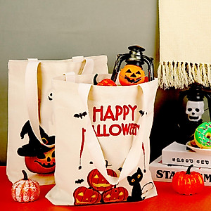 Weewooday 2 Pieces Halloween Tote Bag Reusable Canvas Bag Grocery Shopping Bag Pumpkin Candy Bag for Halloween Party or Daily Supplies