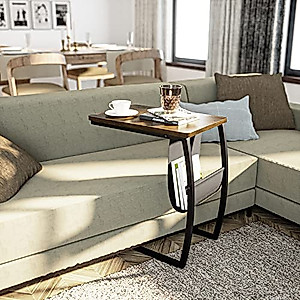 SRIWATANA Side Table End Table, Vintage C Shaped Couch Table with Side Pocket for Sofa Laptop Coffee Snack, Walnut