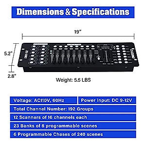 TCFUNDY DMX 512 Controller, 192 Channel DMX Light Controller Stage Lighting Console for Party DJ Disco Lights Show Night Club