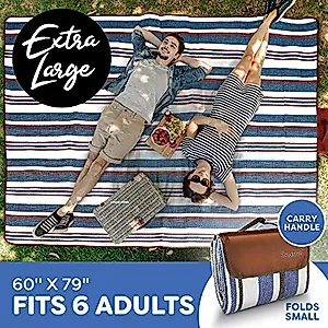Scuddles Extra Large Picnic & Outdoor Blanket with Pocket for iPhone Keys and More Dual Layers for Outdoor Water-Resistant Handy Mat Tote Spring Summer Camping Blanket Great for The Beach
