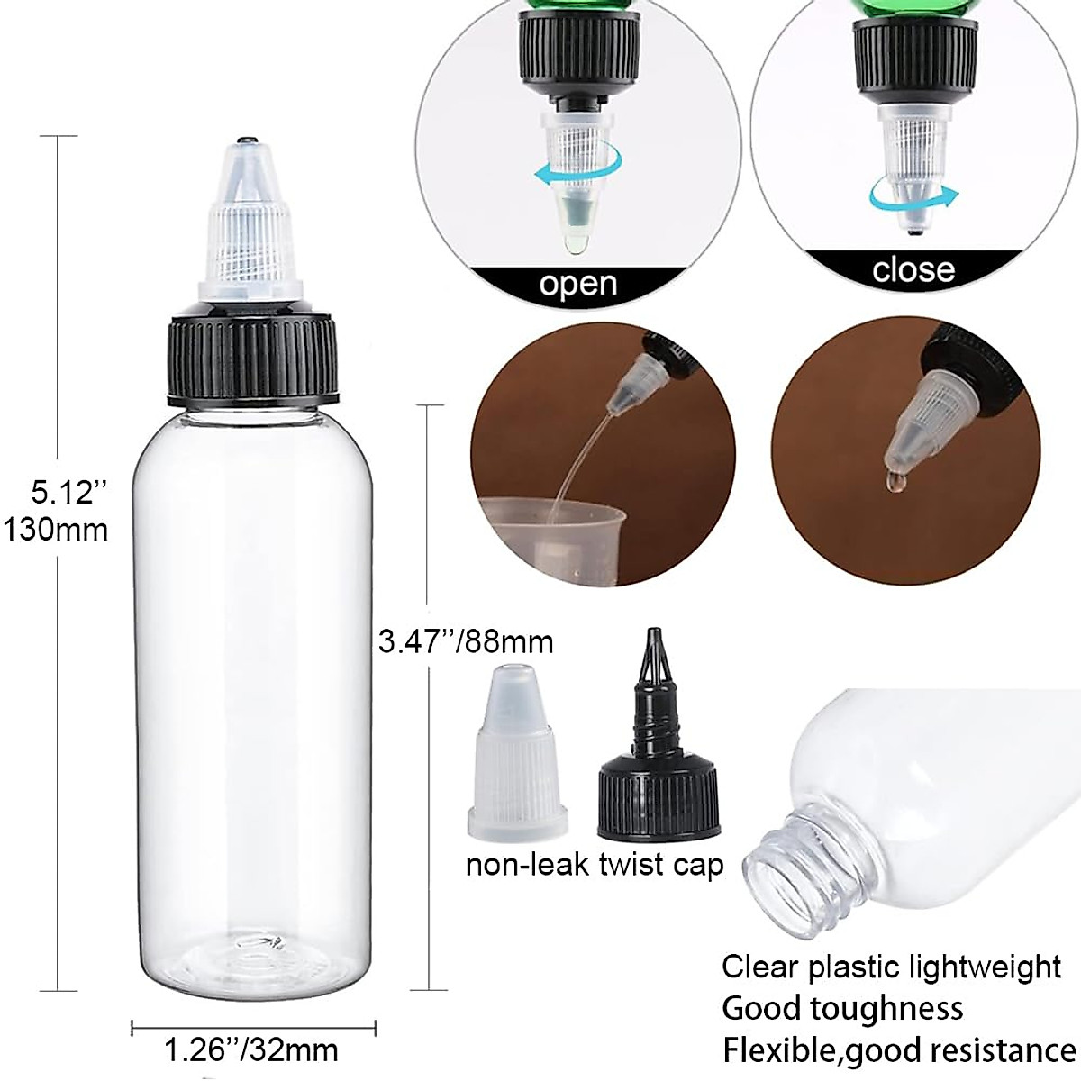 HUIZHU 10Pcs 2oz/60ml Plastic Dispensing Bottles with Twist Top Cap Boston Round LDPE Bottles,Twist Top Squeeze Bottles for Crafts,Kitchen,Household(60ml)