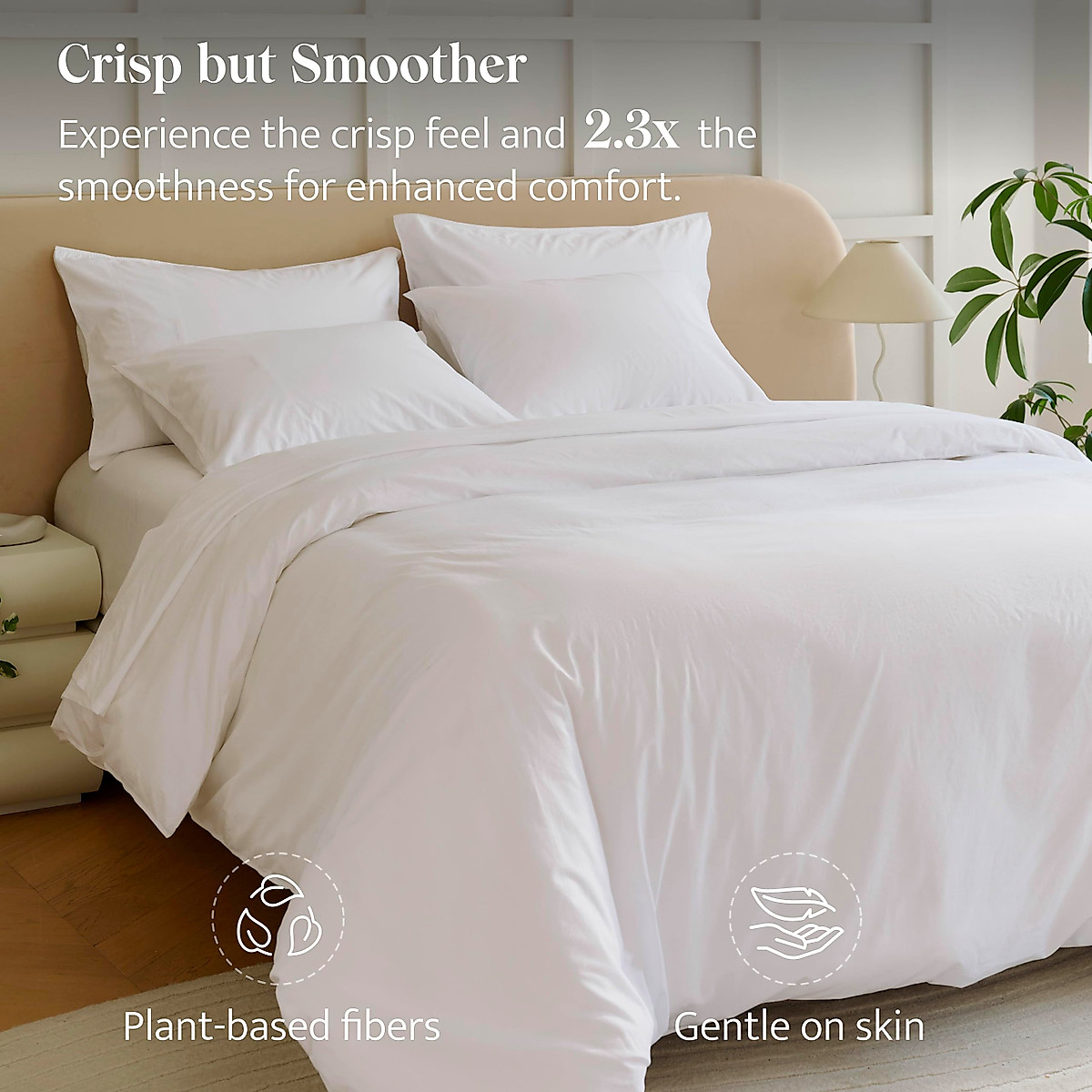 Double Stitch Cotton Tencel Lyocell Duvet Cover Queen - Cooling Duvet Cover Set, Crisp Breathable, Smooth Comforter Cover, Hotel Collection Bedding Set, 1 Duvet Cover, 2 Shams, Bright White