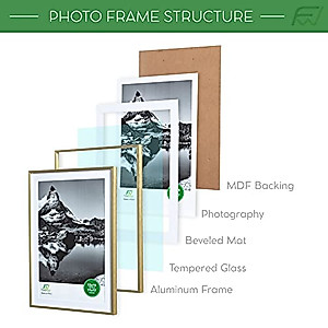 FrameWorks 11”x14” Matted to 8”x10” – Deluxe Brass Gold Aluminum Contemporary Picture Frame with Tempered Glass and Removable Mat