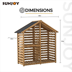 Sunjoy 69" Firewood Rack, Outdoor Wooden Storage Shed, Firewood Storage Rack with Waterproof Asphalt Roof and 2-Tier Shelves by YardCove Brown
