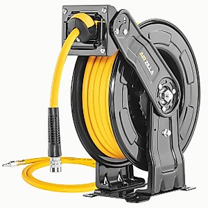 AIRZILLA Premium Steel Retractable Air Hose Reel With Dual Arm, 3/8"x50Ft Hybrid Polymer Hose, Heavy Duty Air Hose Reel included Auto Rewind Reel | Quick Air Coupler | Durable Double side Frame.