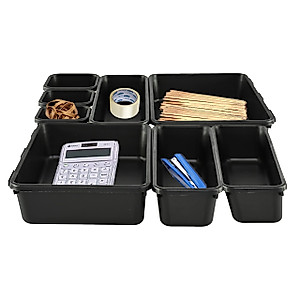 HOME-X Connecting Organizer Trays, Set of Interlocking Adjustable Trays for Organizing Office Supplies and Kitchen Utensil Drawers, Set of 8, 3 Sizes, Black