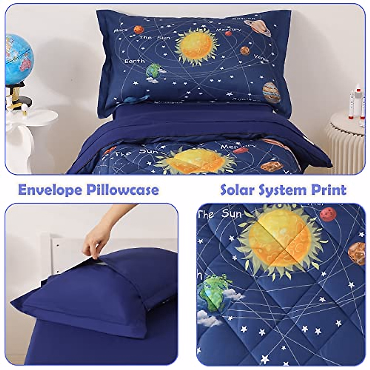KINBEDY 4 Pieces Space Toddler Bedding Set for Boys Navy Blue Planet Star Bed Sheets Set Comforter Set for Baby Kids | Include Comforter, Flat Sheet, Fitted Sheet, Pillowcase