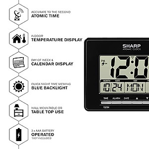 Sharp Atomic Desktop Clock – Auto Set Digital Alarm Clock - Atomic Accuracy - Easy to Read Screen with Time/Date/Temperature Display- Perfect for Nightstand or Desk