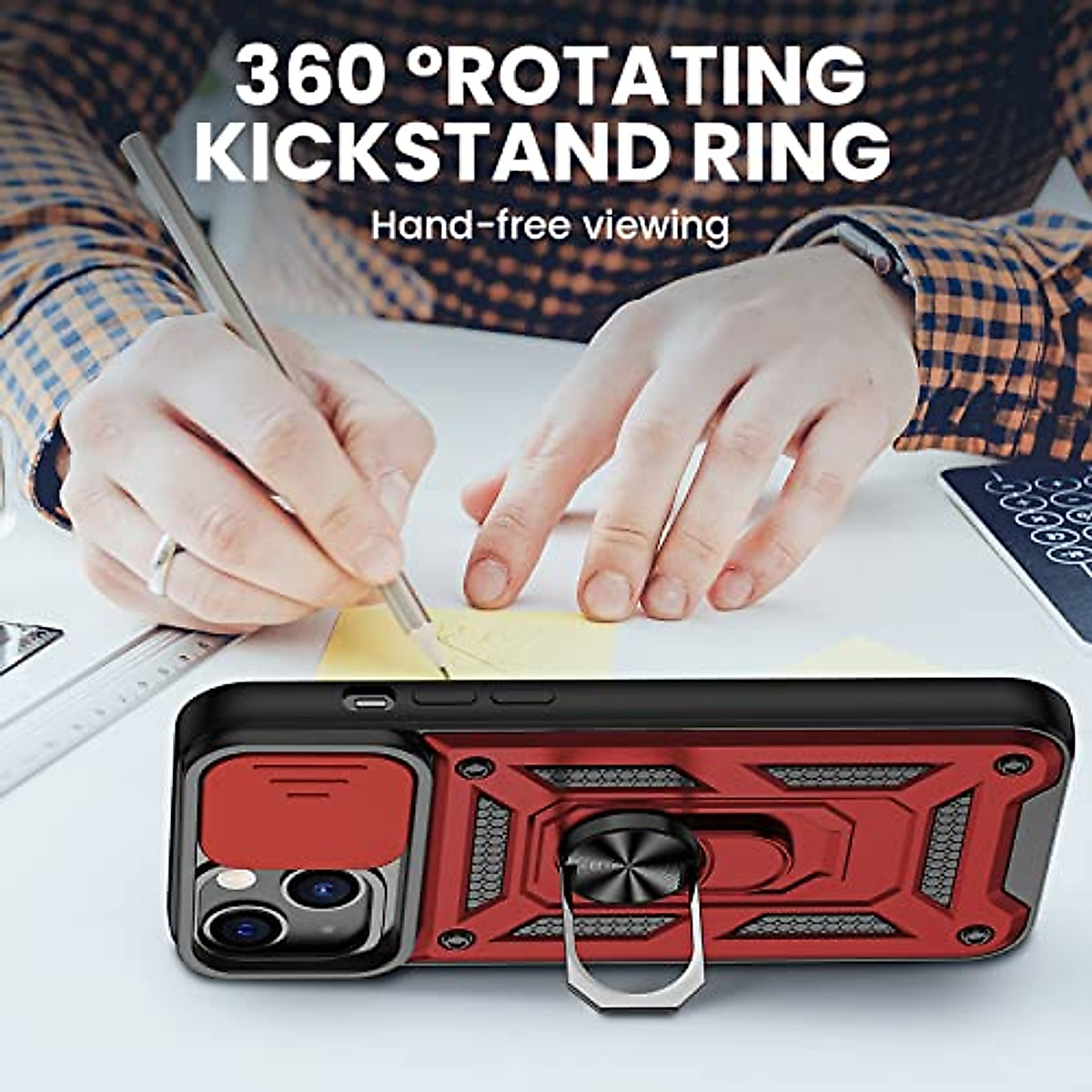 VEGO Compatible for iPhone 13 Case, iPhone 13 Kickstand Case with Slide Camera Cover, Built-in 360° Rotate Ring Stand Magnetic Cover Case for iPhone 13 6.1 inch 2021 - Red