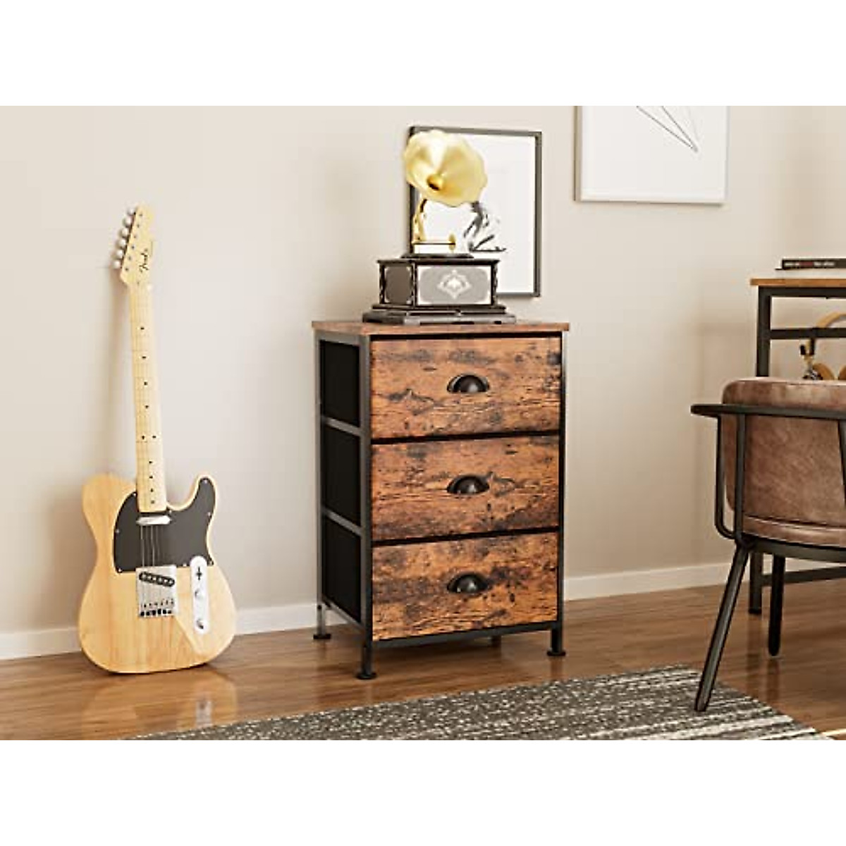 Furologee Nightstand with 3 Fabric Drawers, Tall End Table, Bedside Table for Storage, Small Dresser for Bedroom, Wooden Top for Living Room/Bedroom/Closet, Rustic Brown