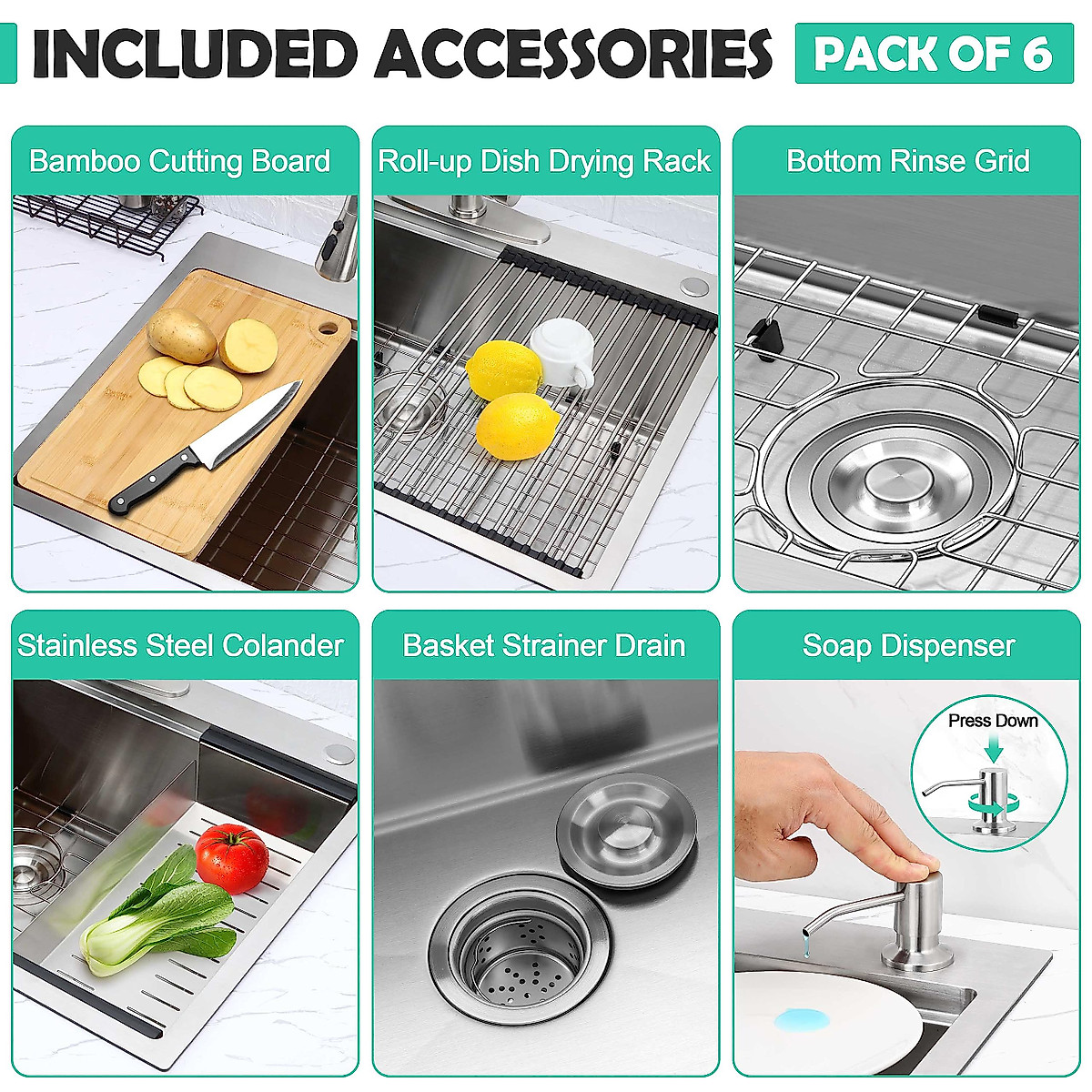 Homikit 33 x22 Inch Kitchen Sink with Soap Dispenser, 16 Gauge Stainless Steel Topmount Drop In Kitchen Sinks Single Bowl 2-Hole R10 Corner, 10" Deep Large Farmhouse Workstation Sink with Accessories