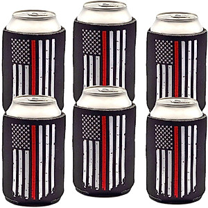 Firefighter Gifts for Men - Thin Red Line Beverage Can Cooler Sleeves, Fireman Gifts, Insulated Beer Holder with Red Stripe American Flag, Fire Department Gift Ideas, Fire Fighter Accessory, 6-Pack