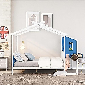 Heliosphere Full Size Platform Bed Frame with Built-in Desk and 2 Drawers, Storage Bed Frame with Separate Storage Pen Case, House Shaped Platform Bed, Solid Wood Bed Frame for Kids Teens Bedroom