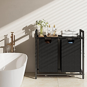 Kitstorack Laundry Basket Organizer, Laundry Hamper with Shelf & 2 Pull-Out Removable Bags, Dirty Clothes Hamper Organizer for Laundry Room Bathroom and Dorm, 2 x 11.8 gallons (44.5L)