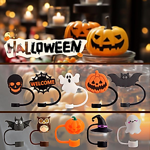 10 Pcs Halloween Straw Cover Cap for Stanley Cup, 3D Halloween Straw Topper for Stanley 30&40 Oz Tumbler 10mm 0.4in Silicone Straw Protectors Drinking Straw Tips Lids Cup Accessories