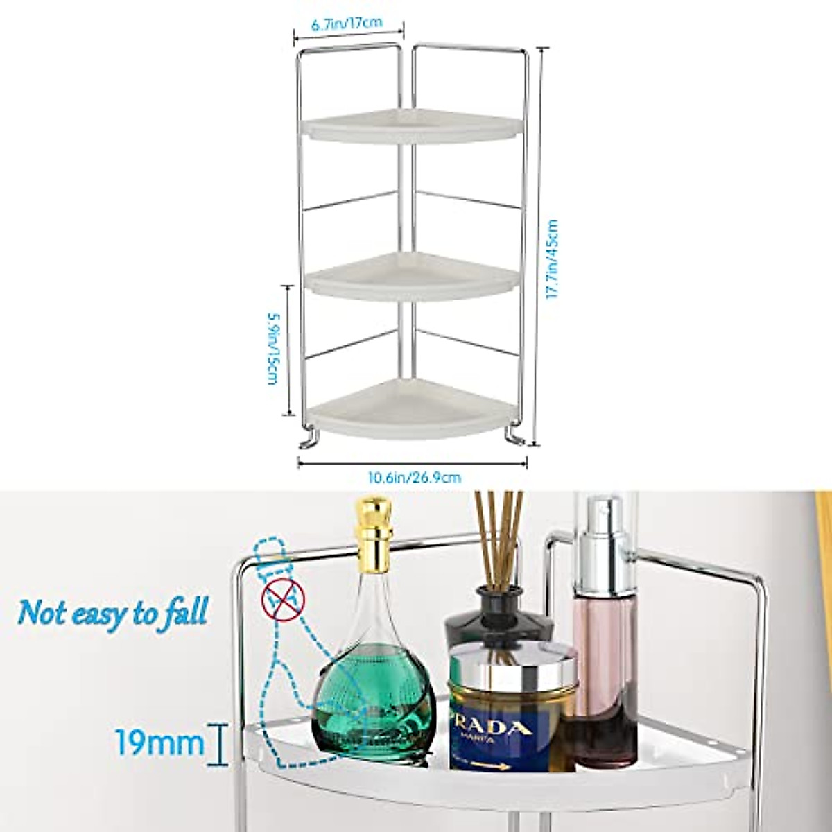 Sekepingo 3-Tier Corner Bathroom Counter Shelf Stackable Perfume Storage Holder Makeup Countertop Organizer Standing Vanity Tray Kitchen Spice Rack,White and Silver