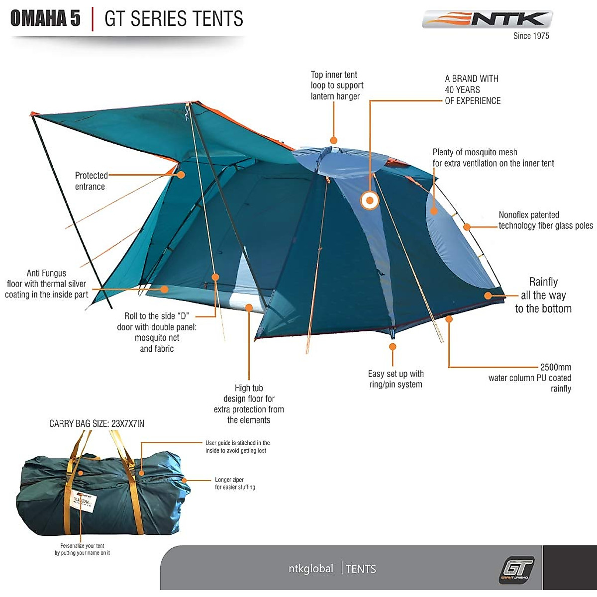 NTK Omaha GT 5-4 Person Tent for Camping | 9x9 ft Camping Tent with Waterproof Dome, Breathable Mesh & 2 Doors | Instant Tent for 5 Person | 2500 mm Warm & Cold Weather Outdoor Tent