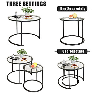 Azheruol Nesting Coffee Table Set of 2,Modern Black Tempered Glass Side Table, Metal Frame Round End Table.Small Glass Tea Table for Living Room,Bedroom Studio Apartment Essentials，17.7IN