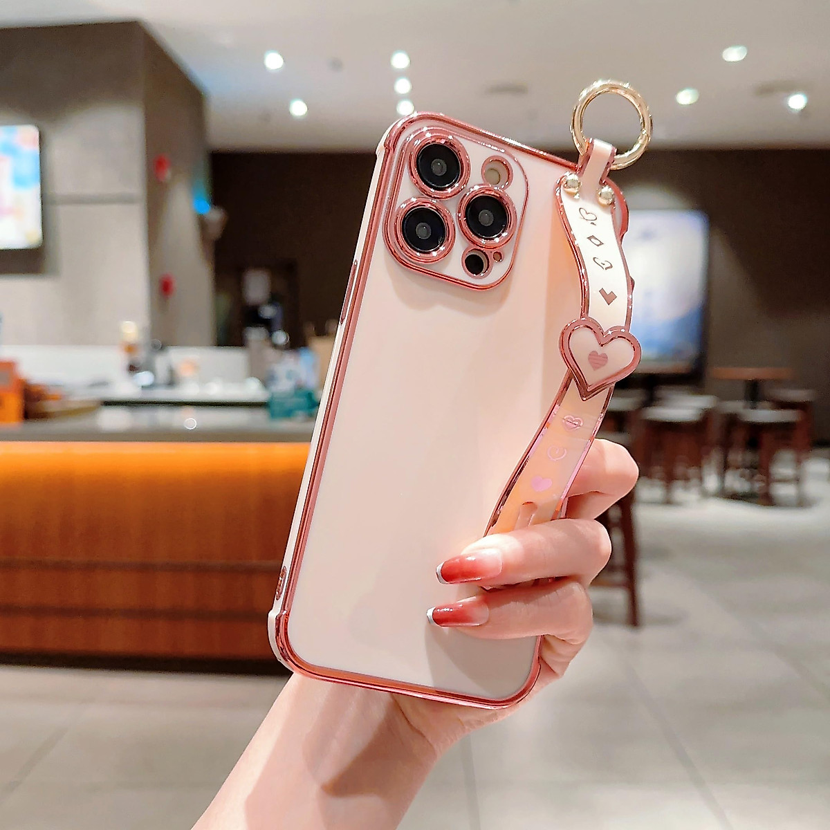 IDweel for iPhone 13 Pro Max Case with Adjustable Wristband Strap Kickstand Loop Heart Luxury Plating,Raised Corners Bumper Shockproof Slim Fit Durable Cover for Women Girls,Rose Gold