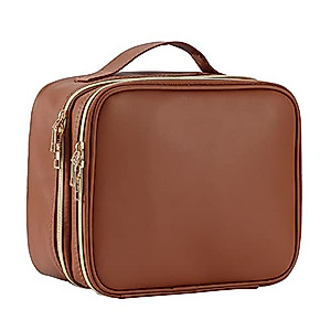 Stagiant Large Makeup Bag, Double Layer Makeup Case with Dividers Makeup Organizer Bag Cosmetic Train Case for Travel Makeup Brushes Palettes Sponge Toiletries, Vintage Brown